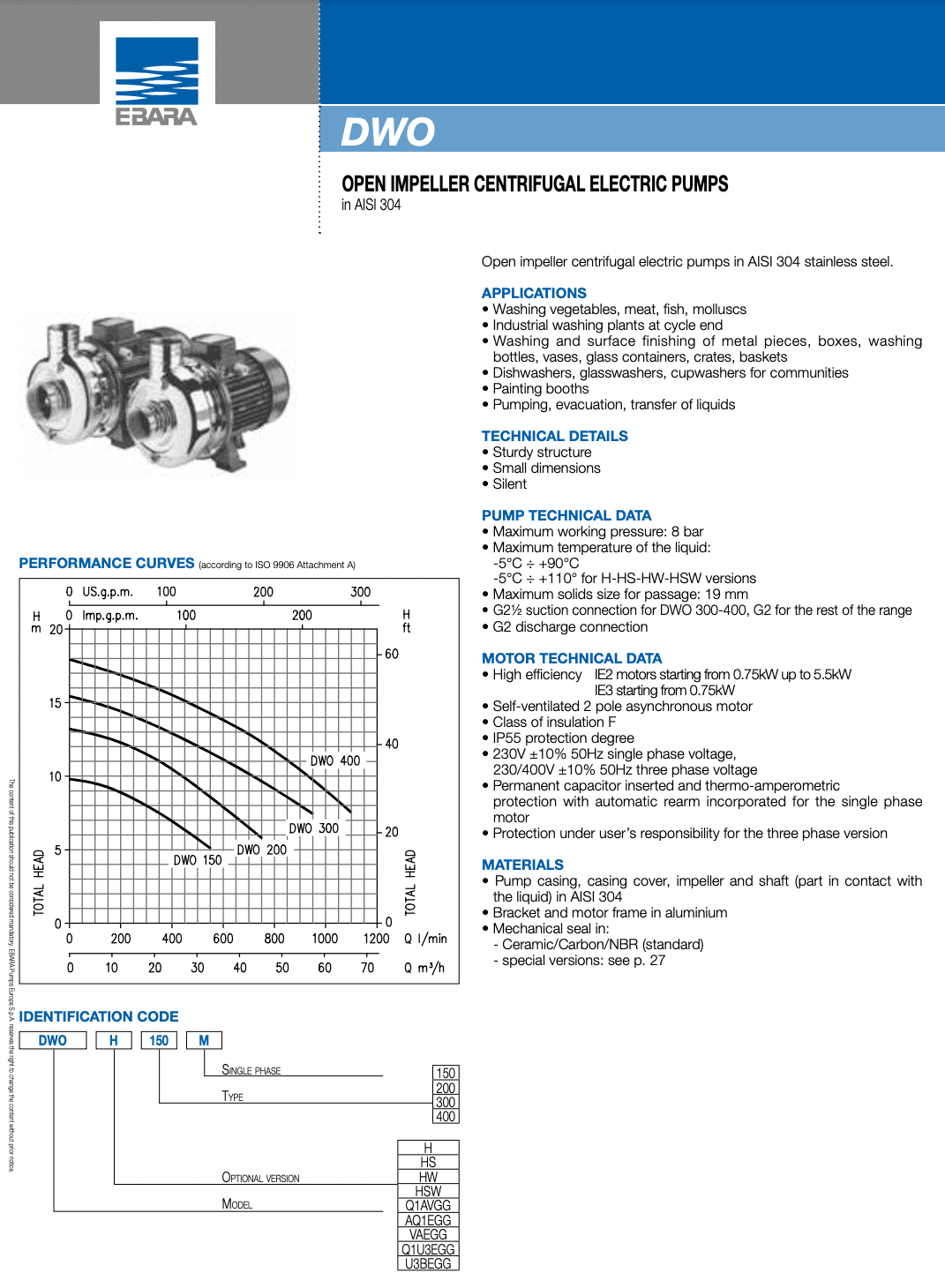 ปั๊มน้ำหอยโข่งสแตนเลส EBARA รุ่น DWO-300